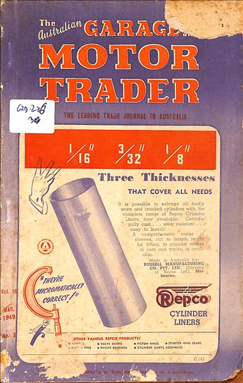 Australian Garage and Motor Trader, The March 1949 (Volume 16 No. 3) magazine contents and index