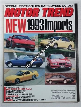 Motor Trend (United States) November 1992 magazine contents and index